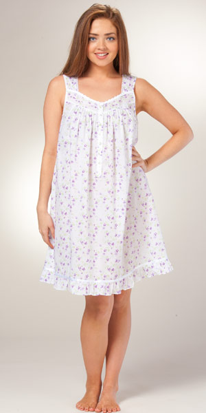 Eileen West White Cotton Nightgowns - Sleeveless Short Cotton Gown